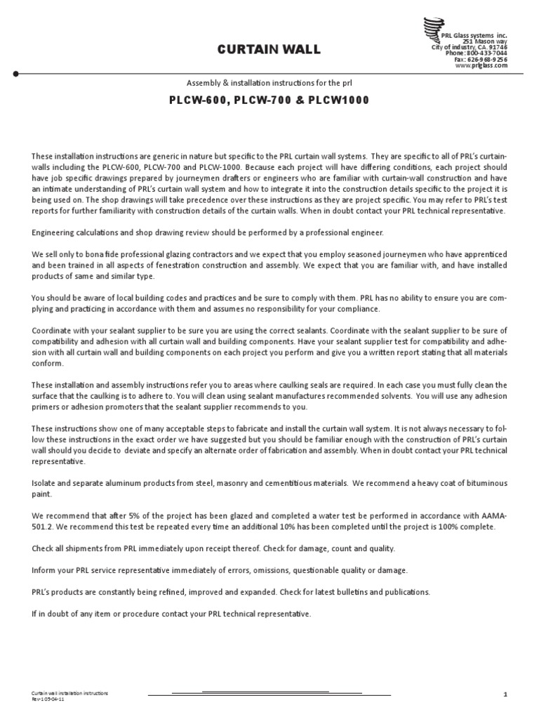 Curtain Wall Installation Instructions - Rev 05-04-11 | PDF | Masonry ...