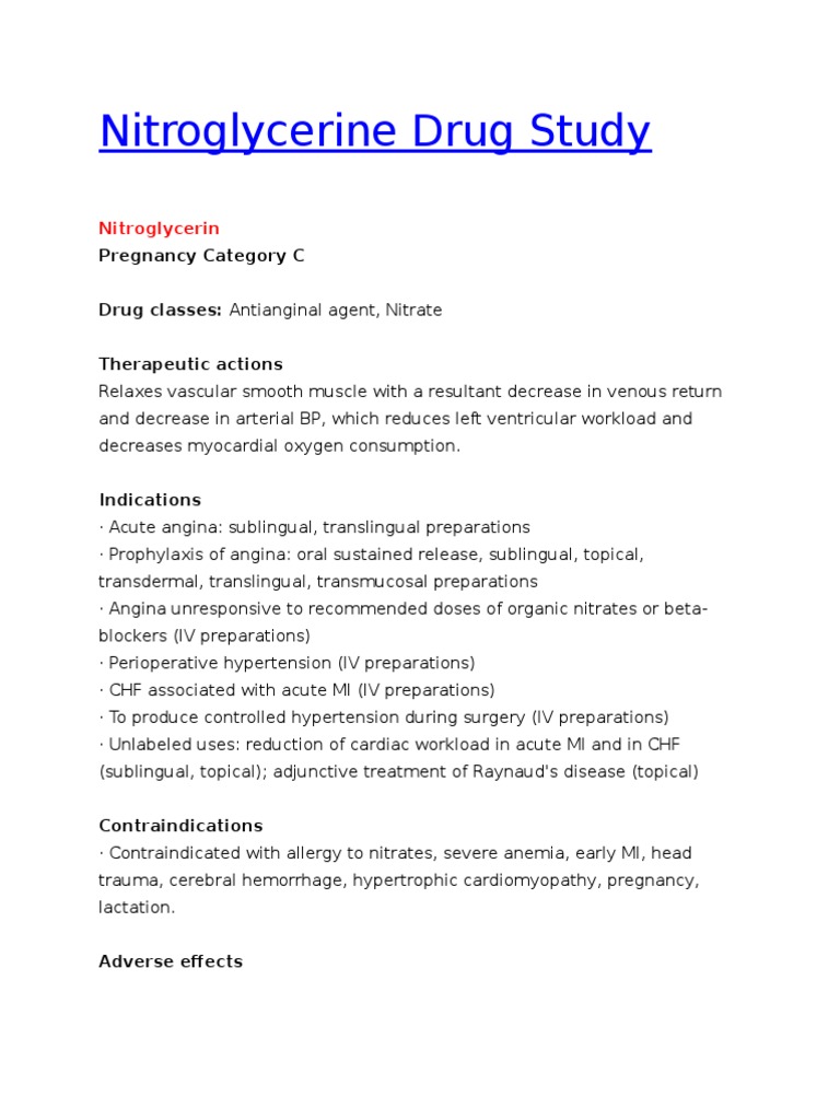 Nitroglycerin Indications and Contraindications | PDF | Angina Pectoris ...
