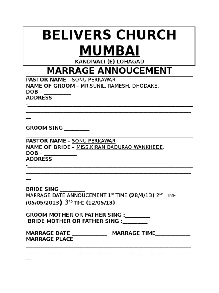 Belivers Church Mumbai: Marrage Annoucement | PDF