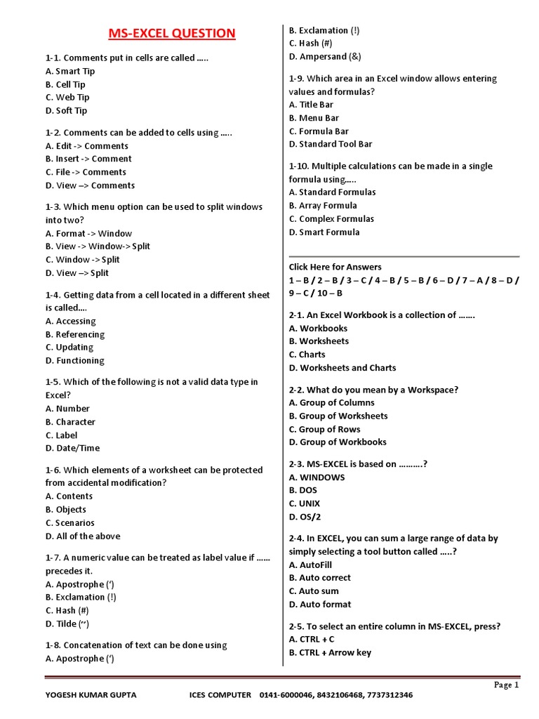 MCQ of Microsoft Excel | Download Free PDF | Spreadsheet | Worksheet