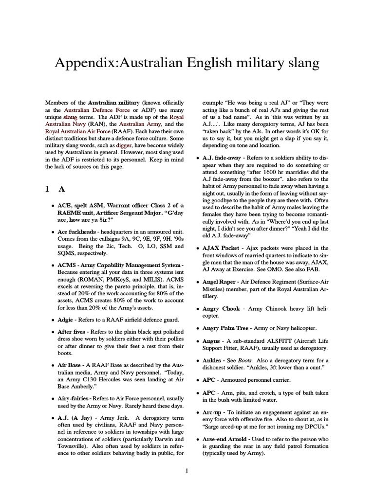 Australian Military Slang Glossary | PDF | Australian Defence Force ...