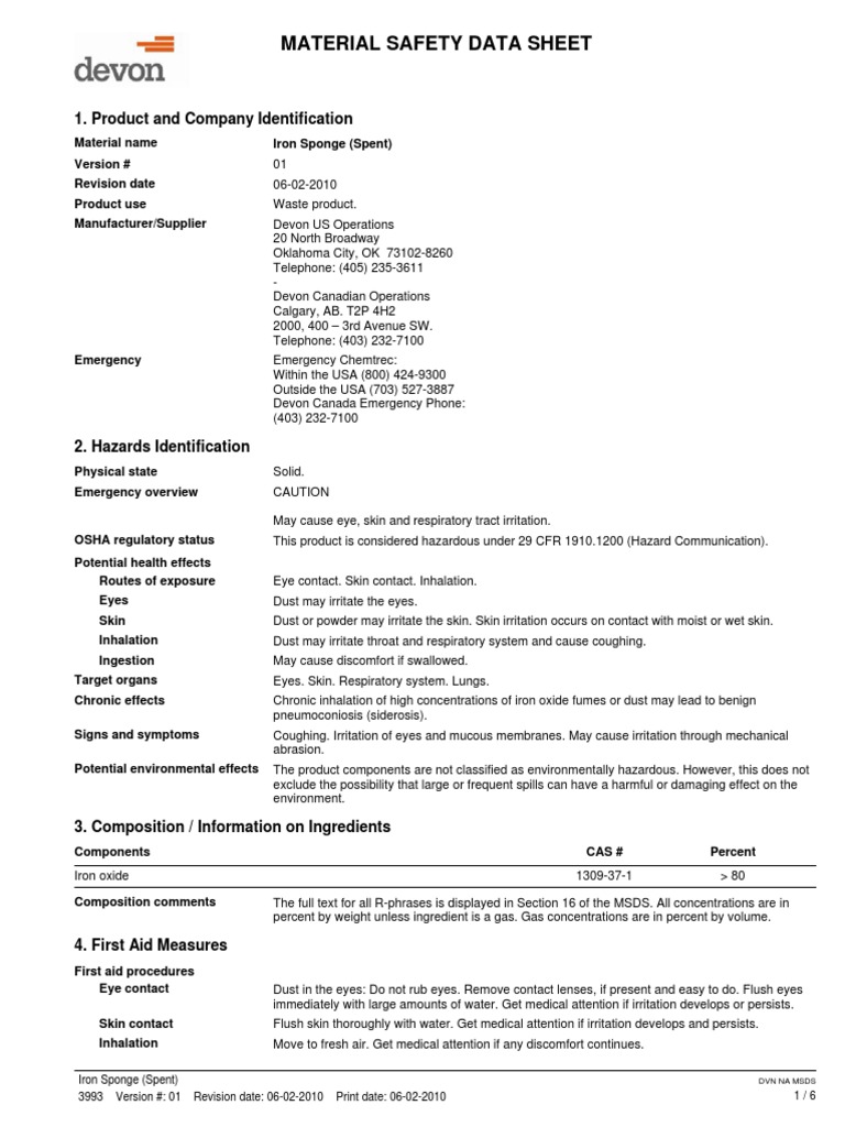 DVN NA MSDS Iron Sponge Spent | PDF | Dangerous Goods | Personal Protective Equipment