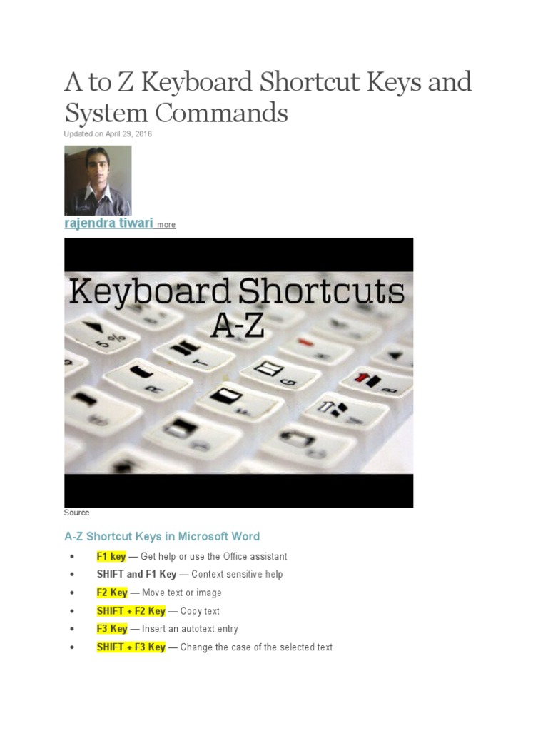 A To Z Keyboard Shortcut Keys and System Commands | PDF | Keyboard ...