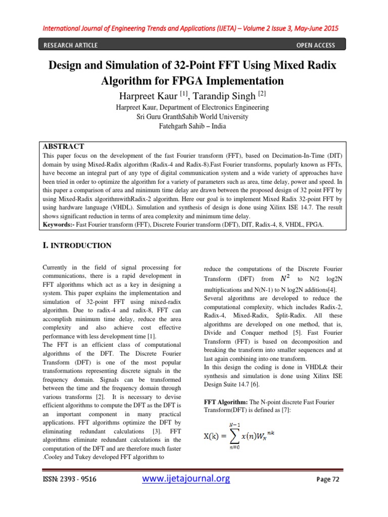 Design and Simulation of 32-Point FFT Using Mixed Radix Algorithm For FPGA Implementation | PDF ...