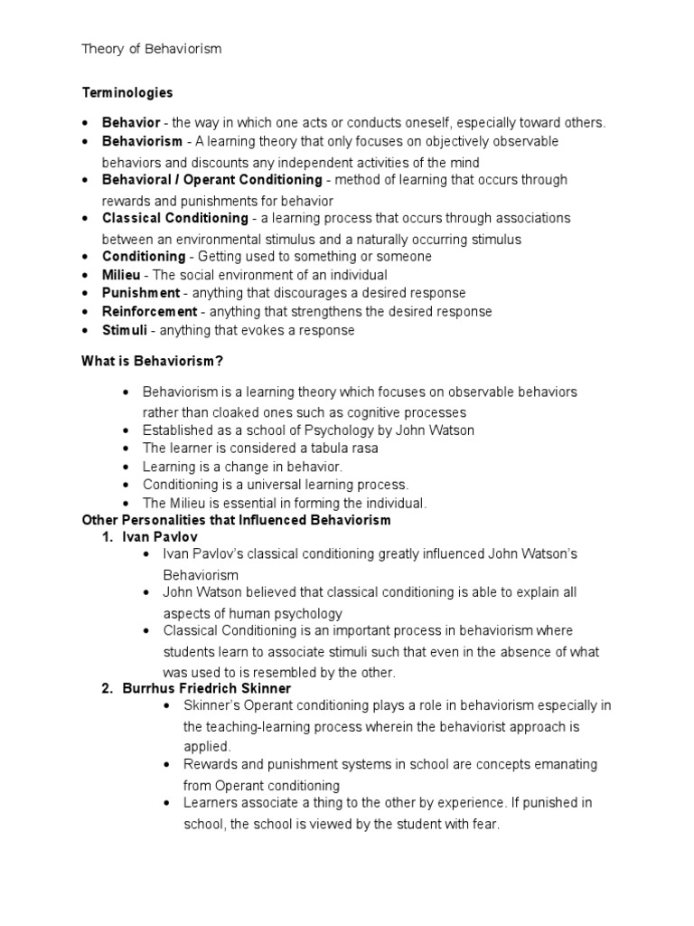 Behaviorism Handout | PDF | Behaviorism | Classical Conditioning
