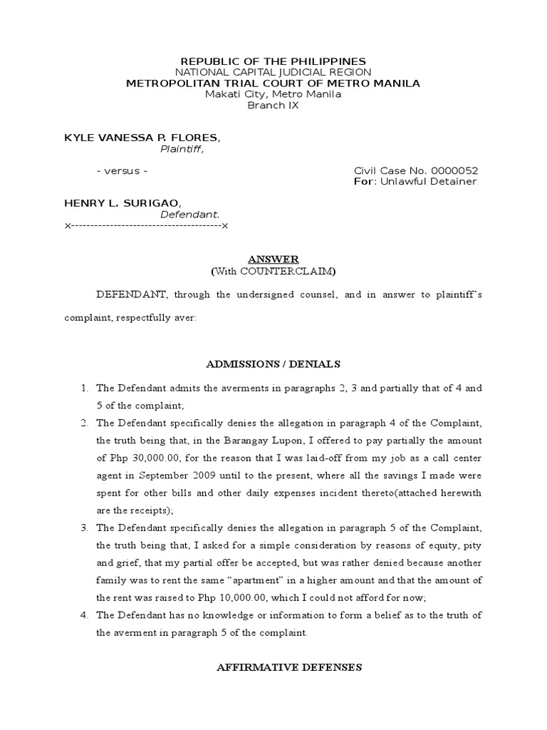 Unlawful Detainer Defense & Counterclaim | PDF | Complaint | Lawsuit