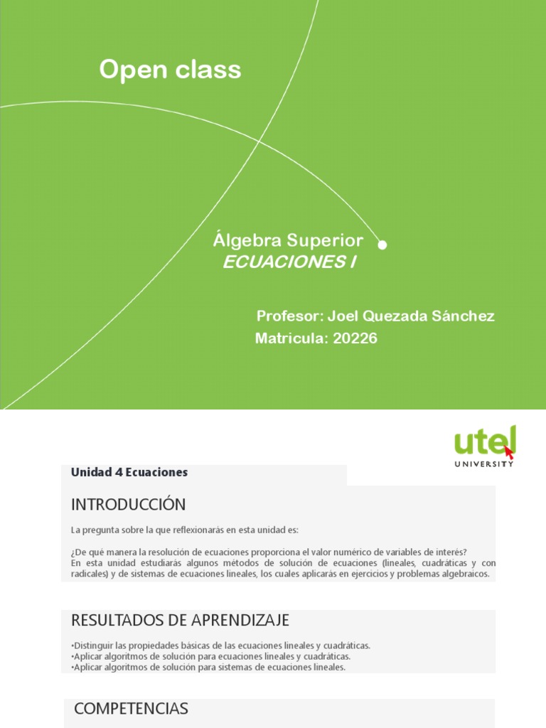 Open Class 4. Ecuaciones I | PDF | Ecuación cuadrática | Ecuaciones