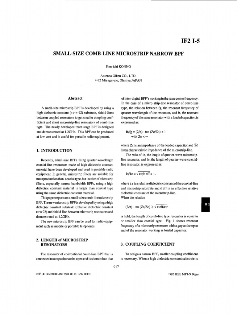 Small-Size Comb-Line Microstrip Narrow BPF | PDF | Electronic Filter | Bandwidth (Signal Processing)