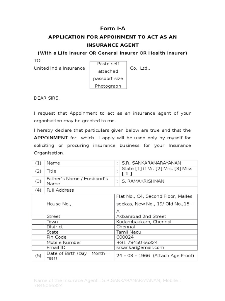 United India Insurance Agent Joining Form I A | PDF | Insurance Broker ...