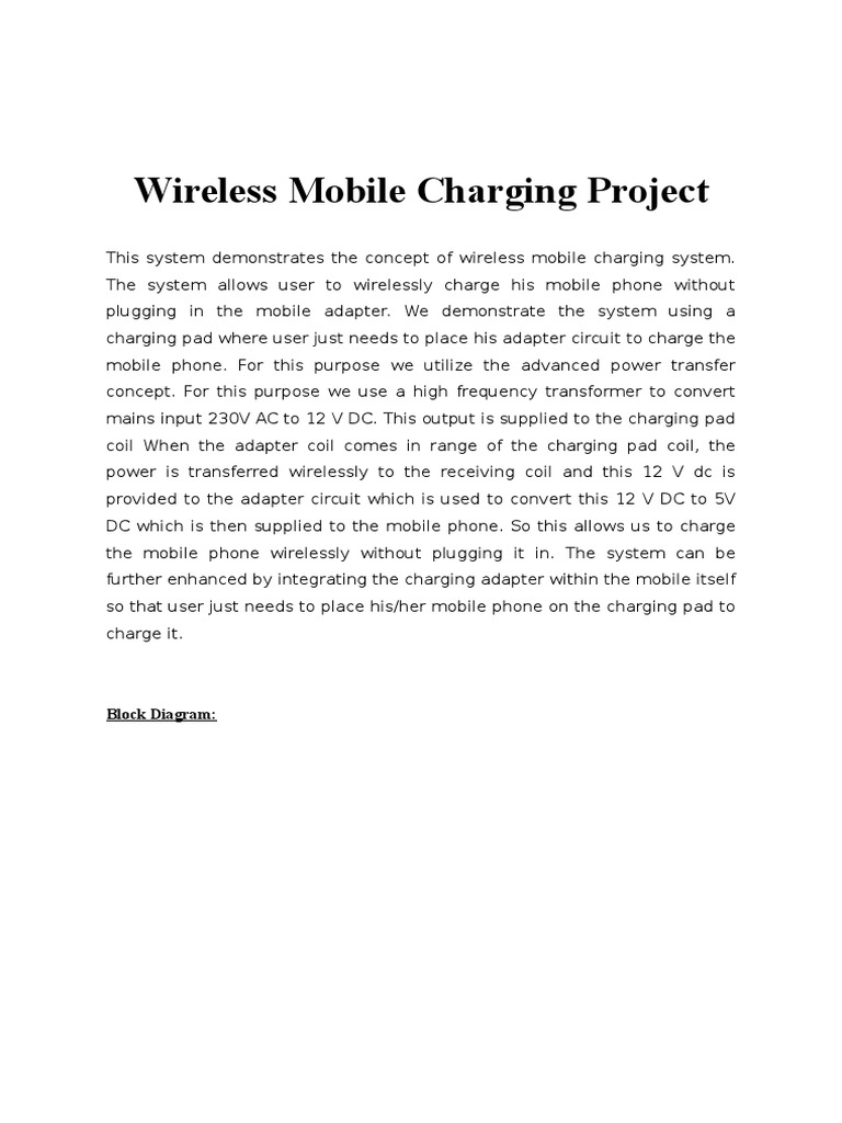 Wireless Mobile Charging Project: Block Diagram | PDF