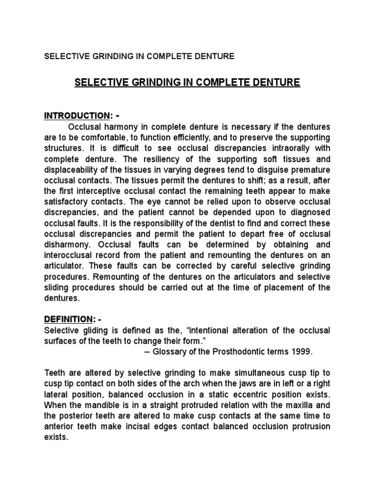 Selective Grinding in Complete Denture | PDF | Dentures | Tooth