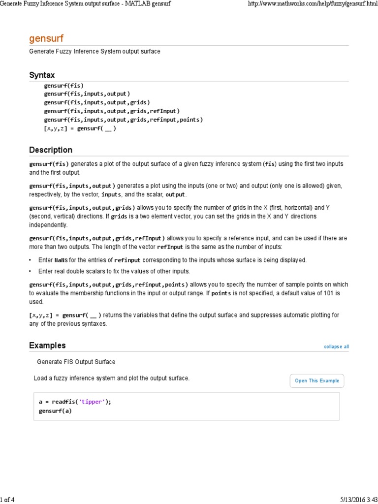 Generate Fuzzy Inference System Output Surface - MATLAB Gensurf | PDF | Fuzzy Logic | Matlab