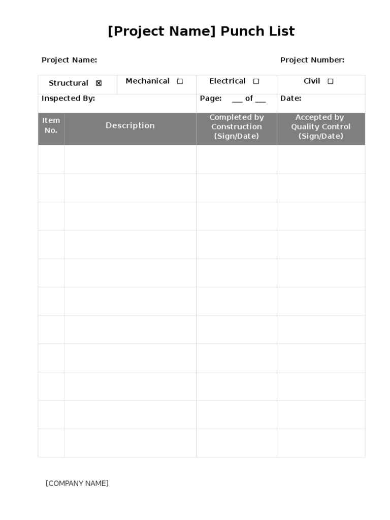 Project Punch List Template | PDF