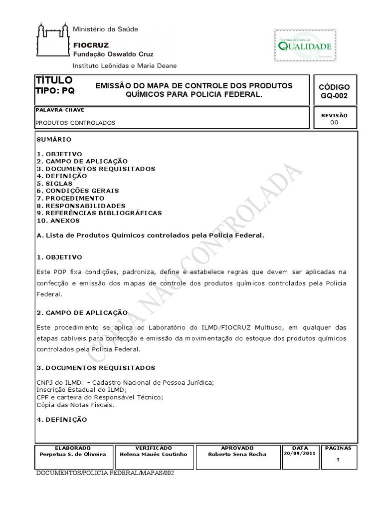 Mapa de Controle de Produtos Químicos PF | PDF | Sódio | Lítio