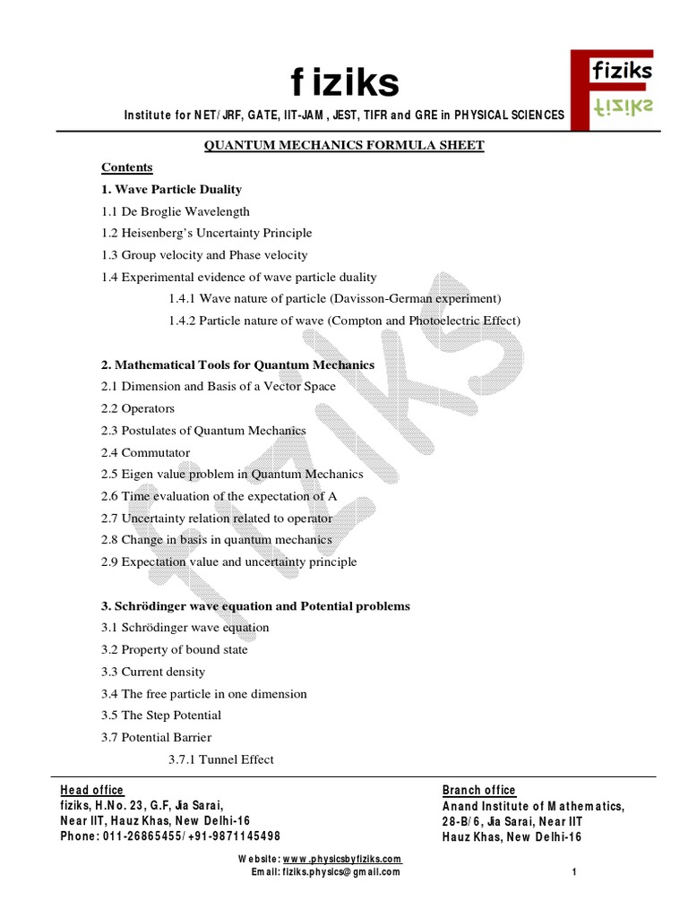 Quantum Mechanics Formula Sheet | PDF | Quantum Mechanics | Scientific ...