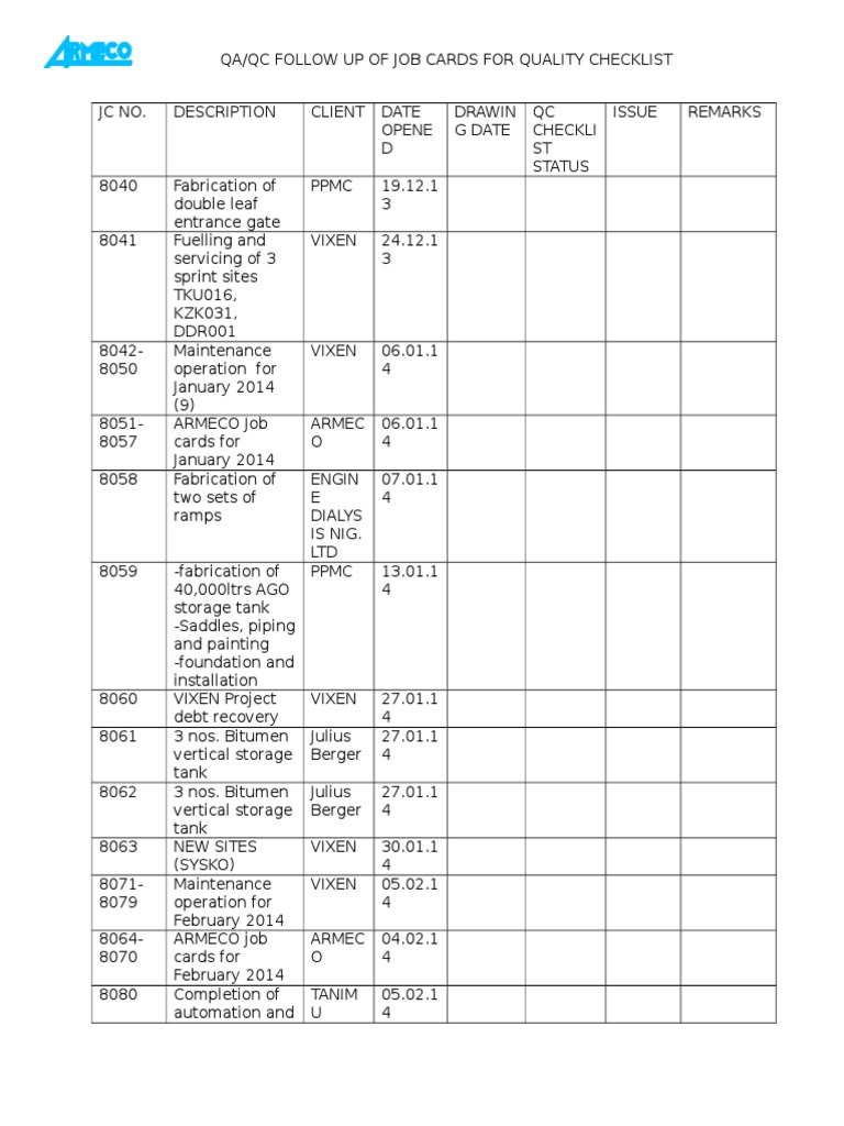 QA/QC Job Cards Checklist | PDF | Industries | Energy And Resource