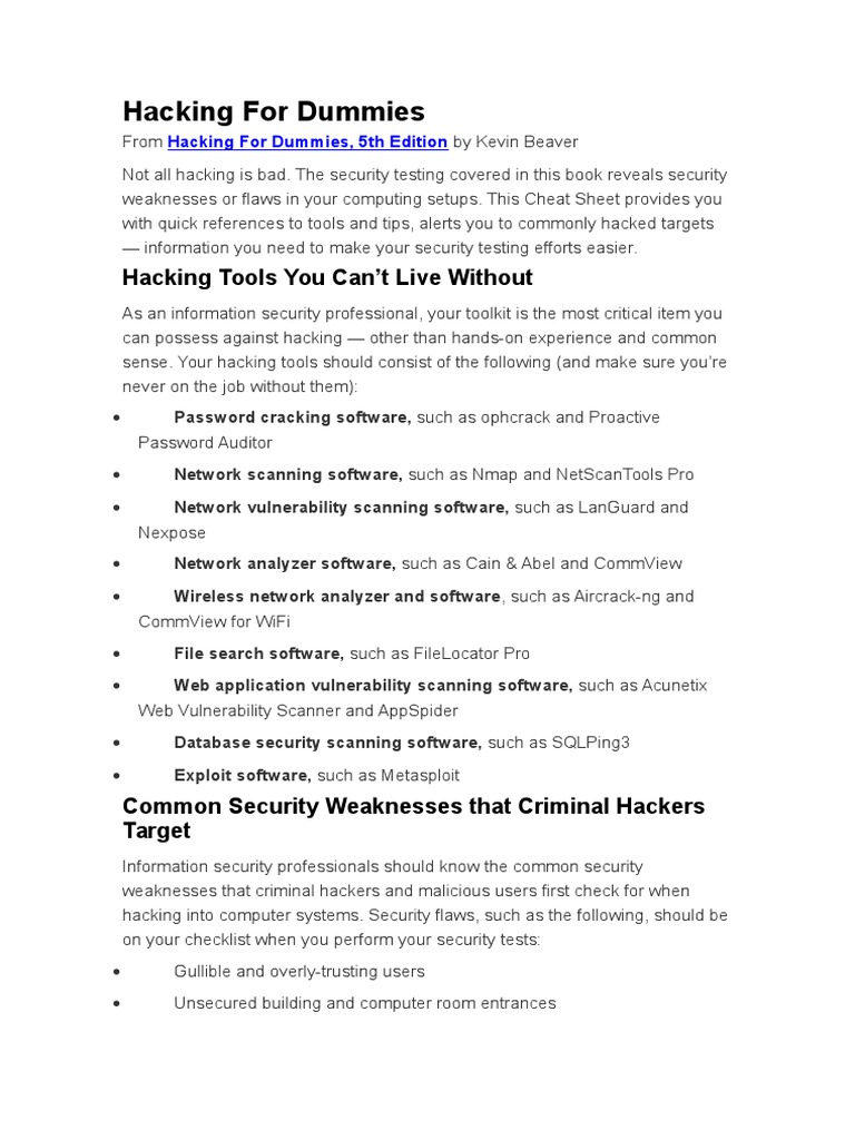 Hacking For Dummies Cheatsheet Pdf Port Computer Networking Transmission Control Protocol