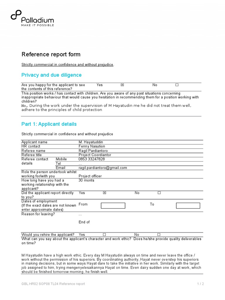 Reference Report Form For Hayatuddin Ragil | PDF