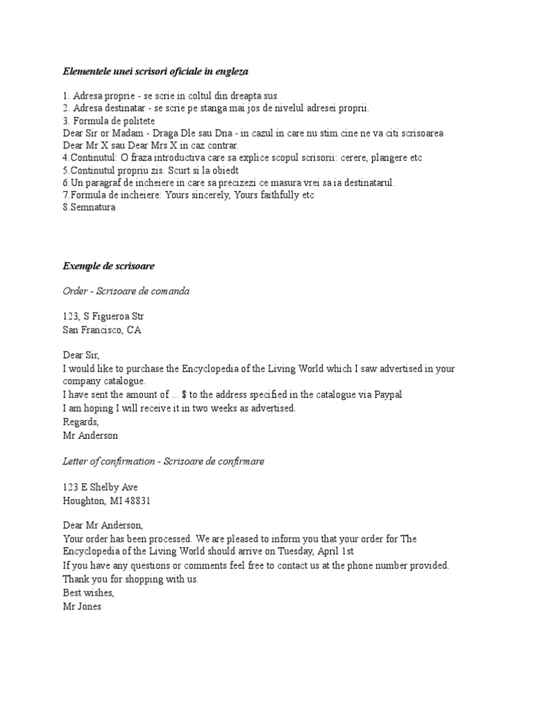 Elementele Unei Scrisori Oficiale in Engleza