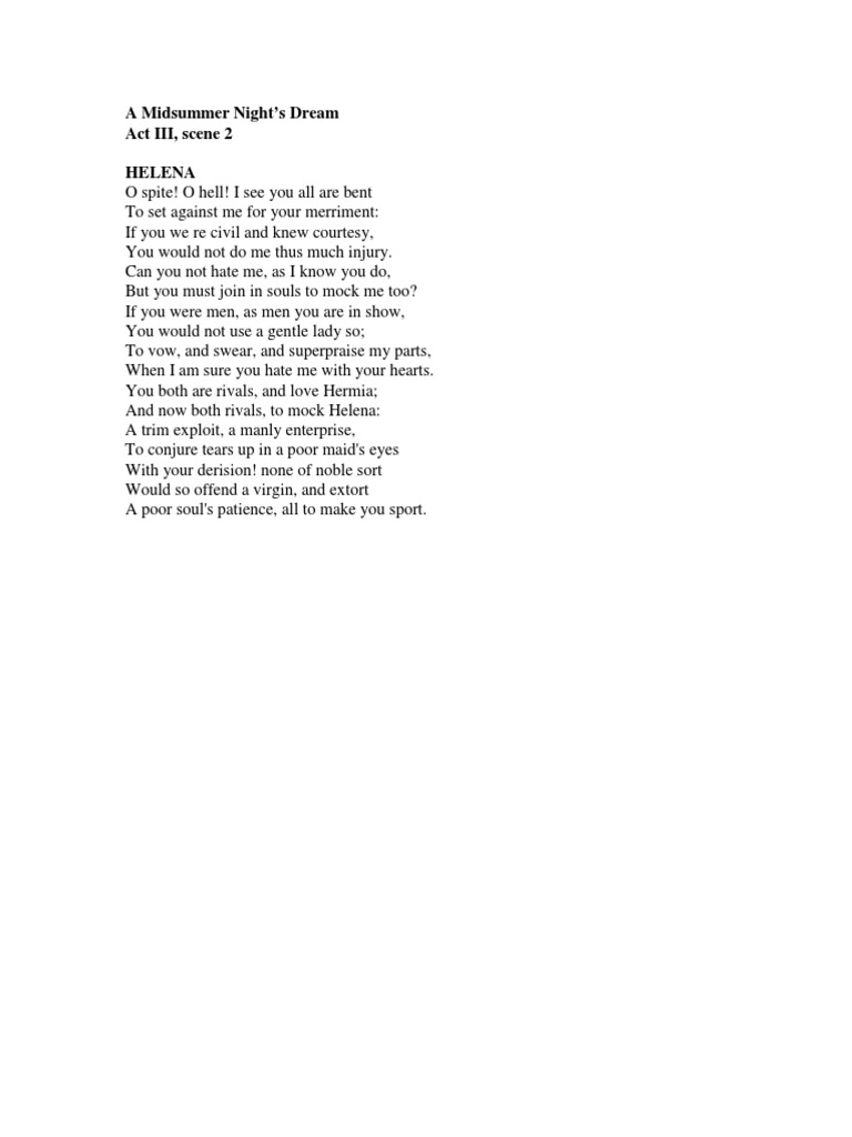 A Midsummer Night's Dream Act III, Scene 2 Helena | PDF