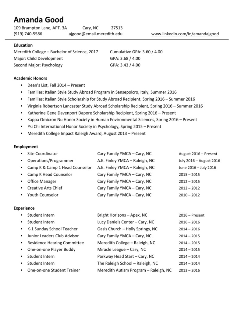 AGood Resume Jan2017 | PDF | Ymca | Child Development