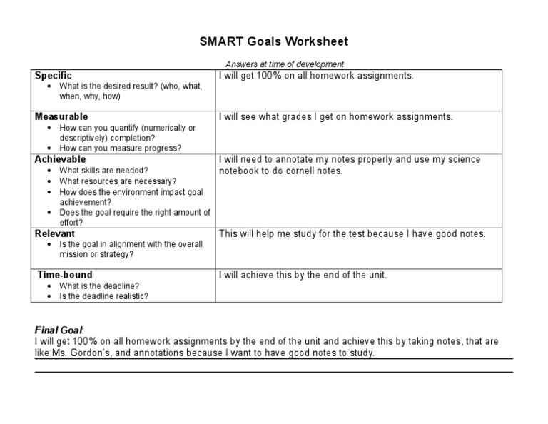 SMART Goals Worksheet for Students | PDF