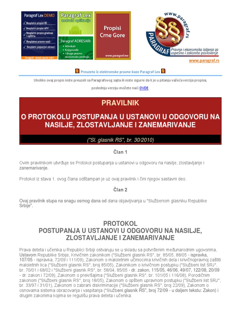 Pravilnik o Protokolu Postupanja U Ustanovi | PDF