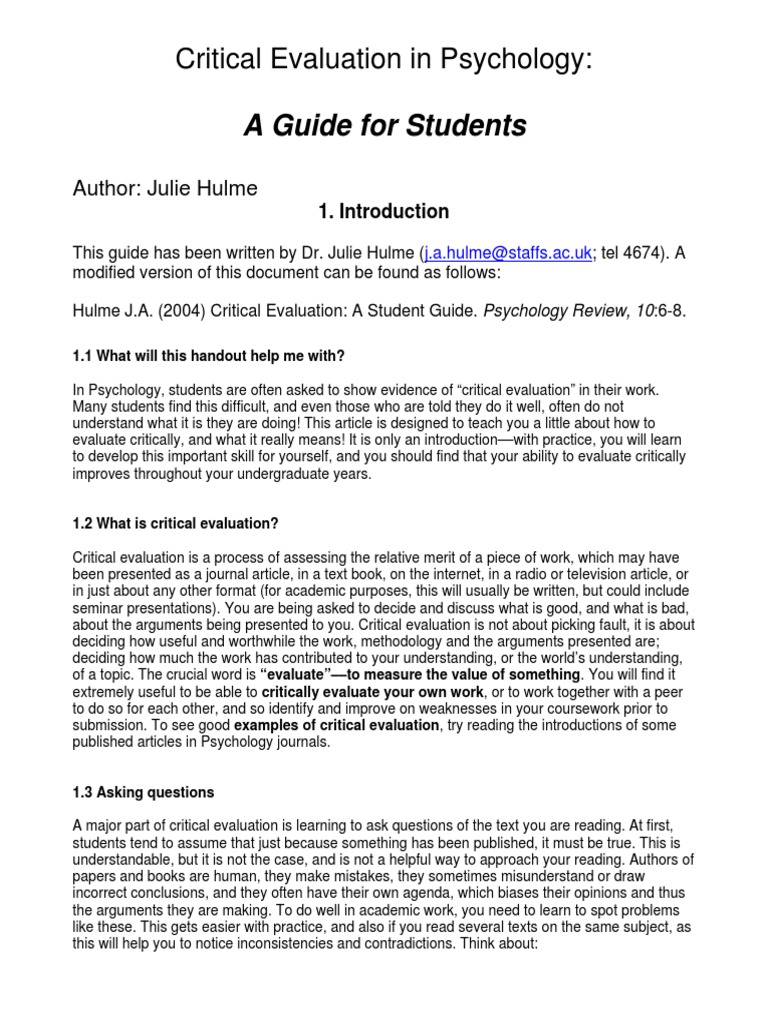 Critical Evaluation in Psychology:: A Guide For Students | PDF