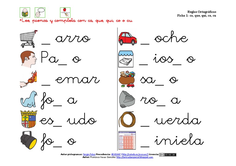 Ficha 1 - Reglas Ortográficas: Ca, Que, Qui, Co, Cu (ARASAAC) | PDF
