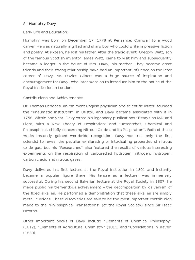 Early Life and Education:: Sir Humphry Davy | PDF | Science | Physical Sciences