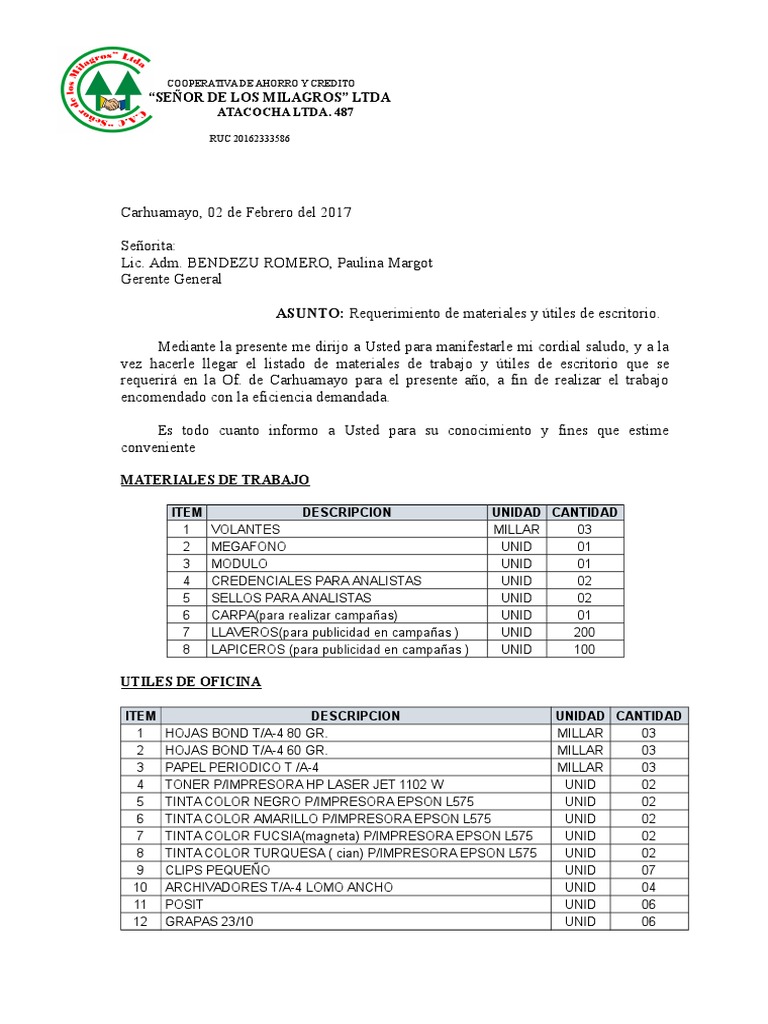 Requerimiento de Materiales y Utiles de Escritorio | Tinta | Color Requerimiento de Materiales y Utiles de Escritorio | Tinta | Color