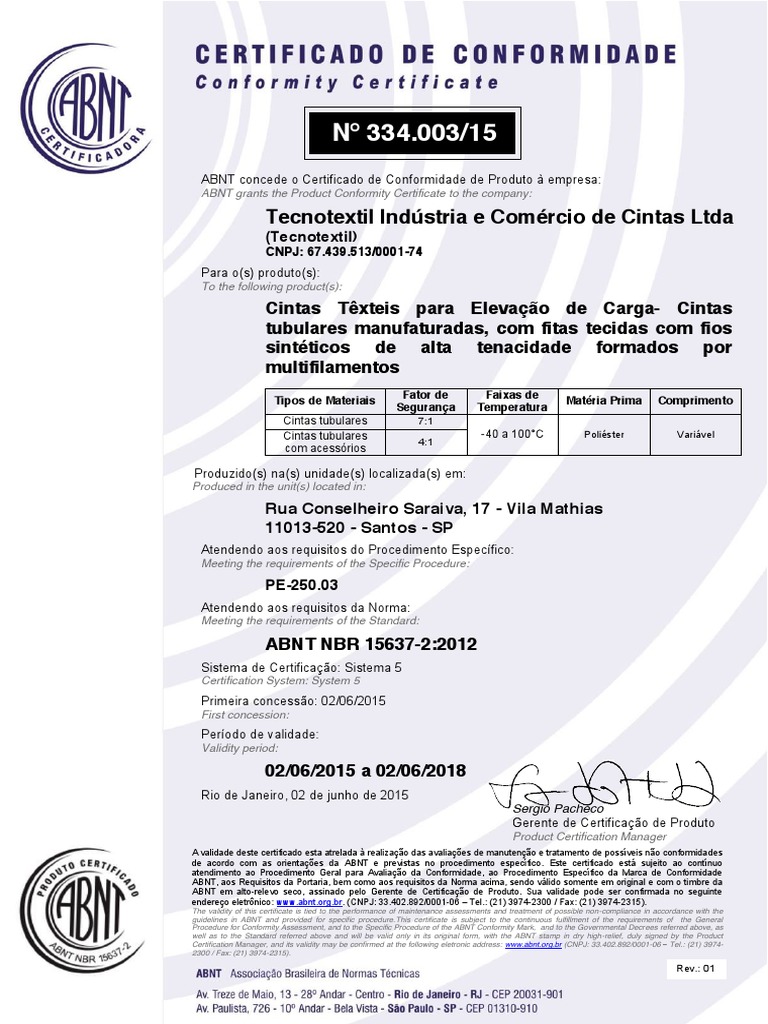 Tecnotextil Certificado ABNT 15637 2 Cintas Tubulares Elevacao Cargas PDF | PDF