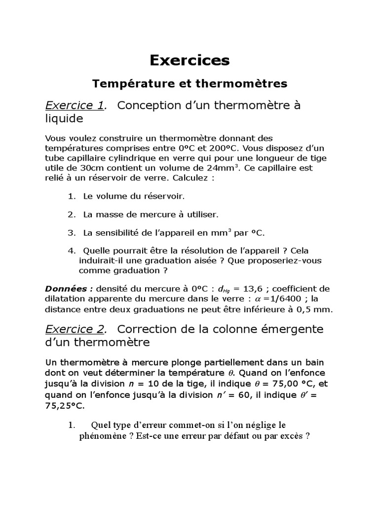 Exercices Thermo | Thermomètre | Celsius