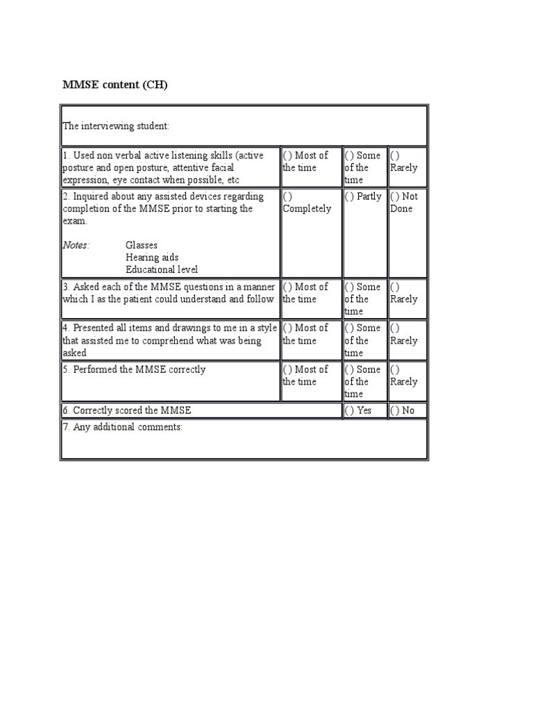 MiniMentalStatusExam (MMSE) Checklist | PDF