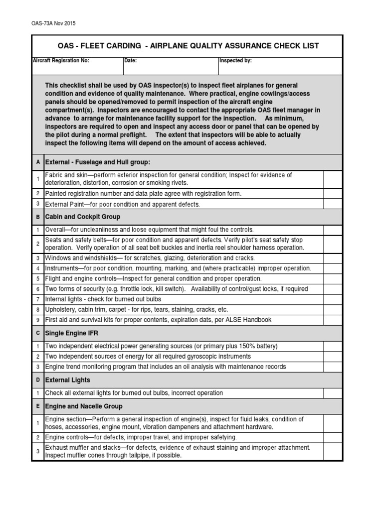 Oas - Fleet Carding - Airplane Quality Assurance Check List | PDF ...