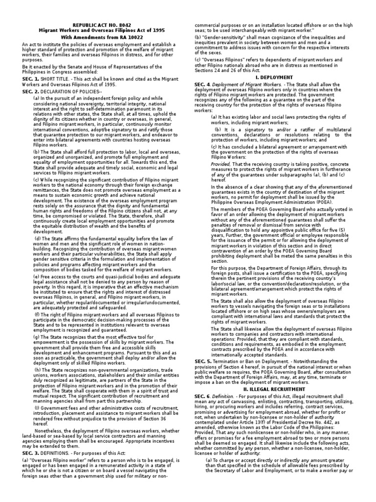 RA 8042 With RA 10022 | PDF | Migrant Worker | Employment