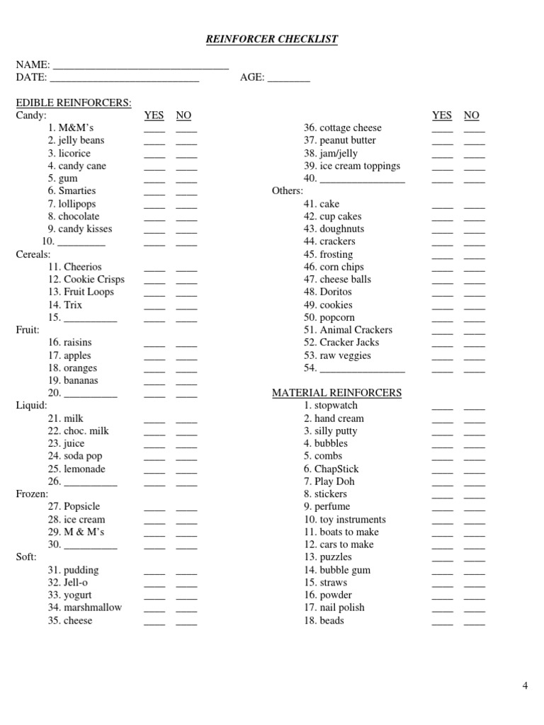 Reinforcer Checklist | PDF | Foods | Leisure