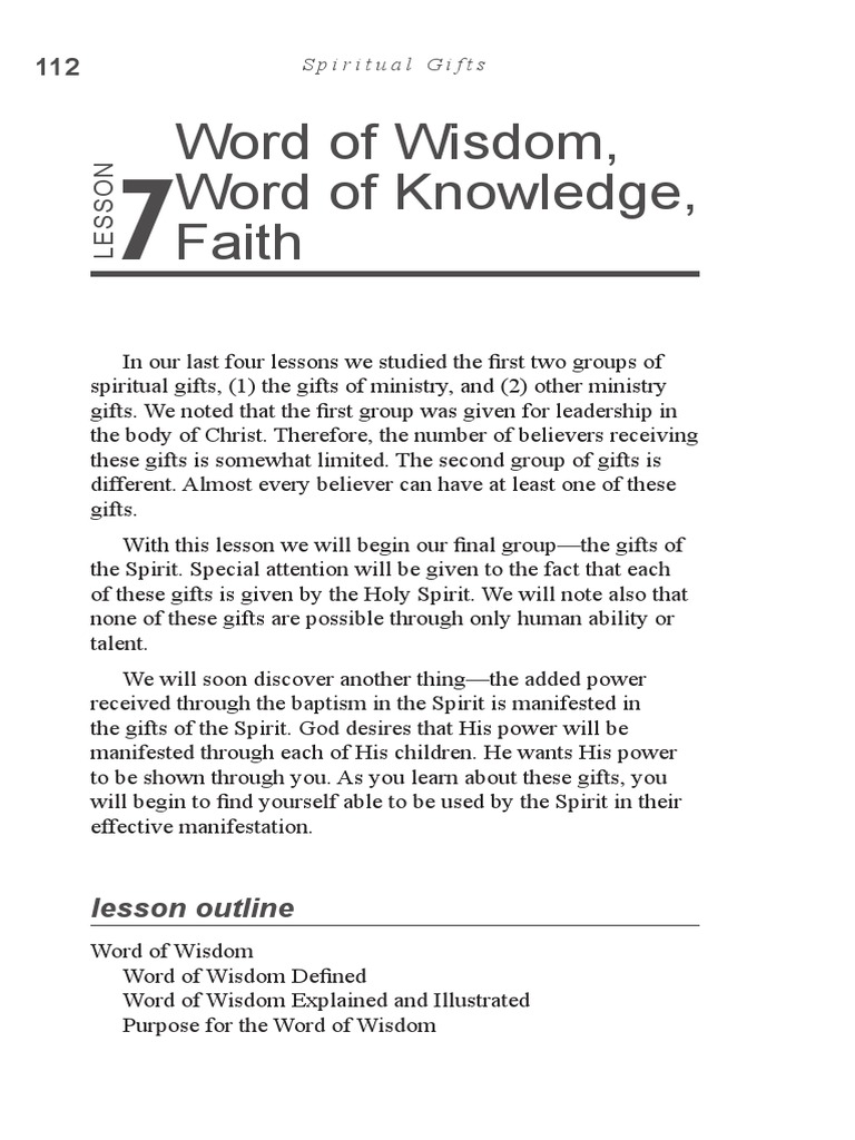 Word of Wisdom, Word of Knowledge, Faith: Lesson Outline | PDF ...