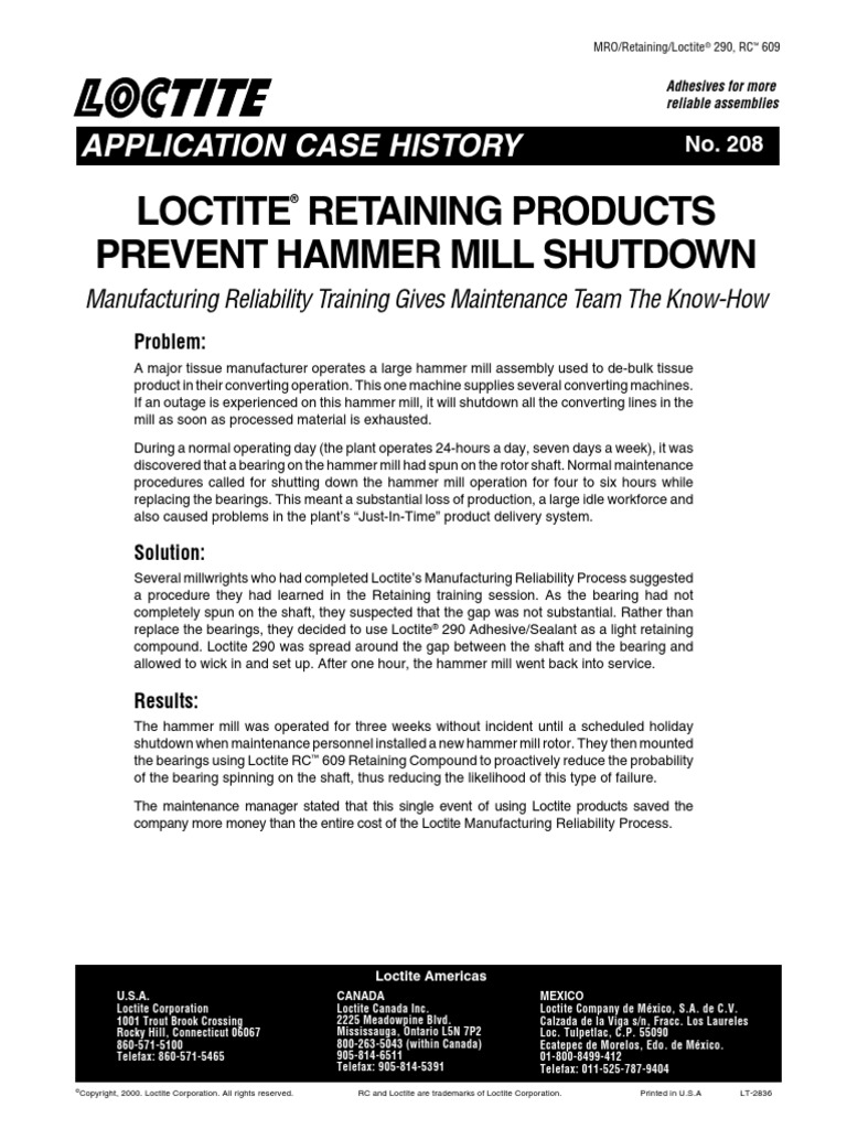 Ach208 Loctite Retaining Products Prevent Hammer Mill Shutdown | PDF ...