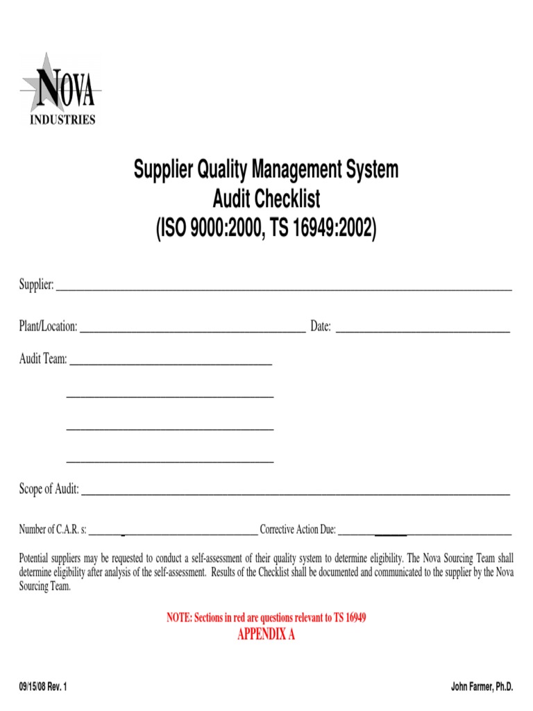 Appendix A - Supplier ISO-TS16949 Checklist-Rev.1 PDF | PDF | Iso 9000 ...