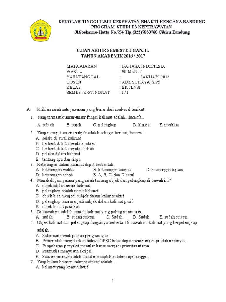SOAL UAS D3 Keperawatan 1 | PDF