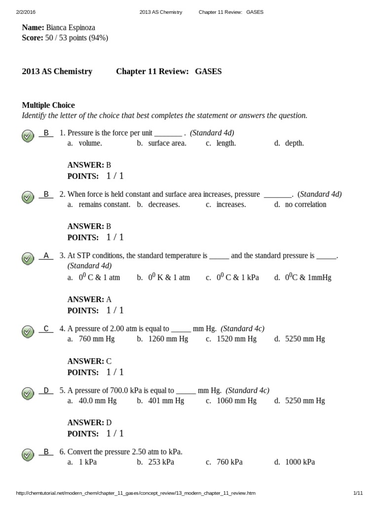 2013 As Chemistry Chapter 11 Review - GASES | PDF | Gases | Pressure