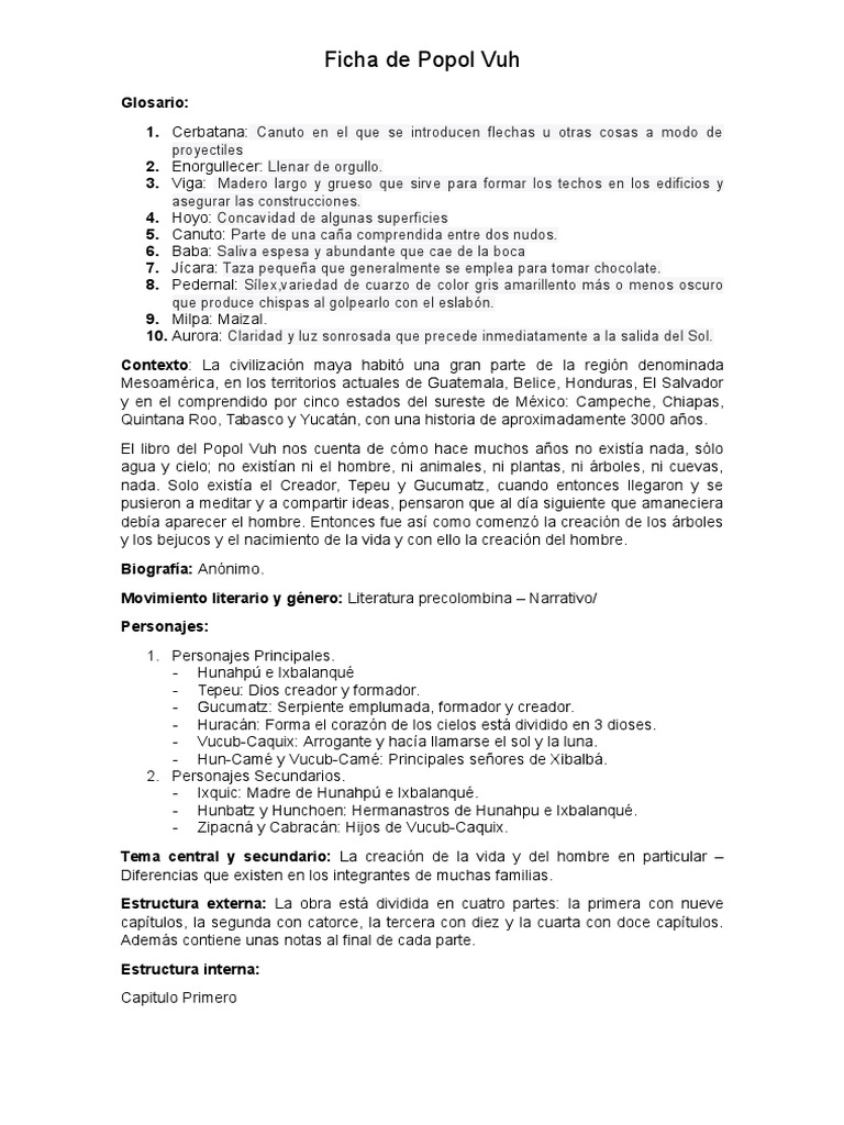 Ficha - Popol Vuh | PDF | Cultura (general) | Religión y creencia