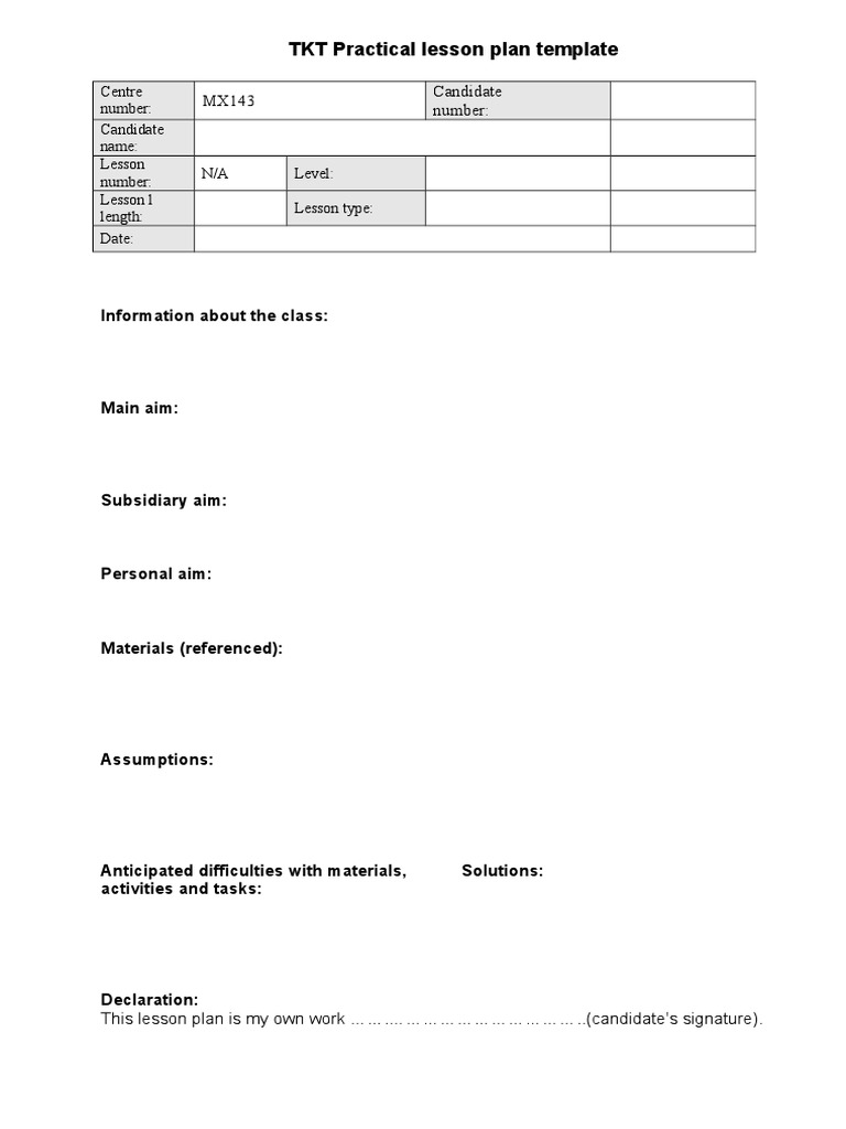 TKT Practical Lesson Plan TemplateV2 2016 2 | PDF | Career & Growth | Art