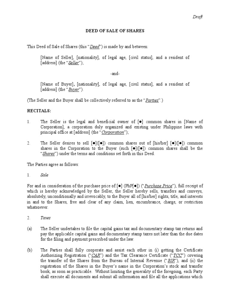 Deed of Sale of Shares Template | PDF | Proxy Voting | Deed