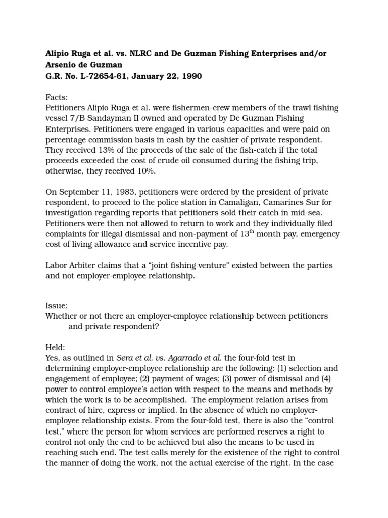 Alipio Ruga Et Al. vs. NLRC and de Guzman Fishing Enterprises | PDF