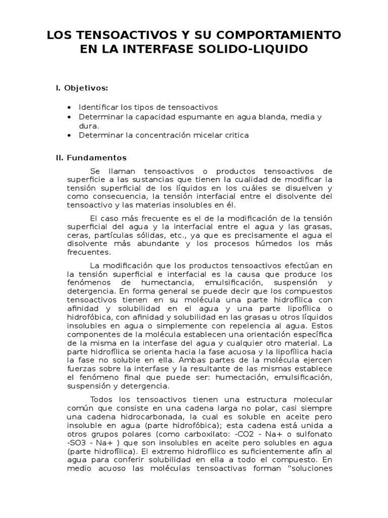 Los Tensoactivos y Su Comportamiento en La Interfase Solido-Liquido ...