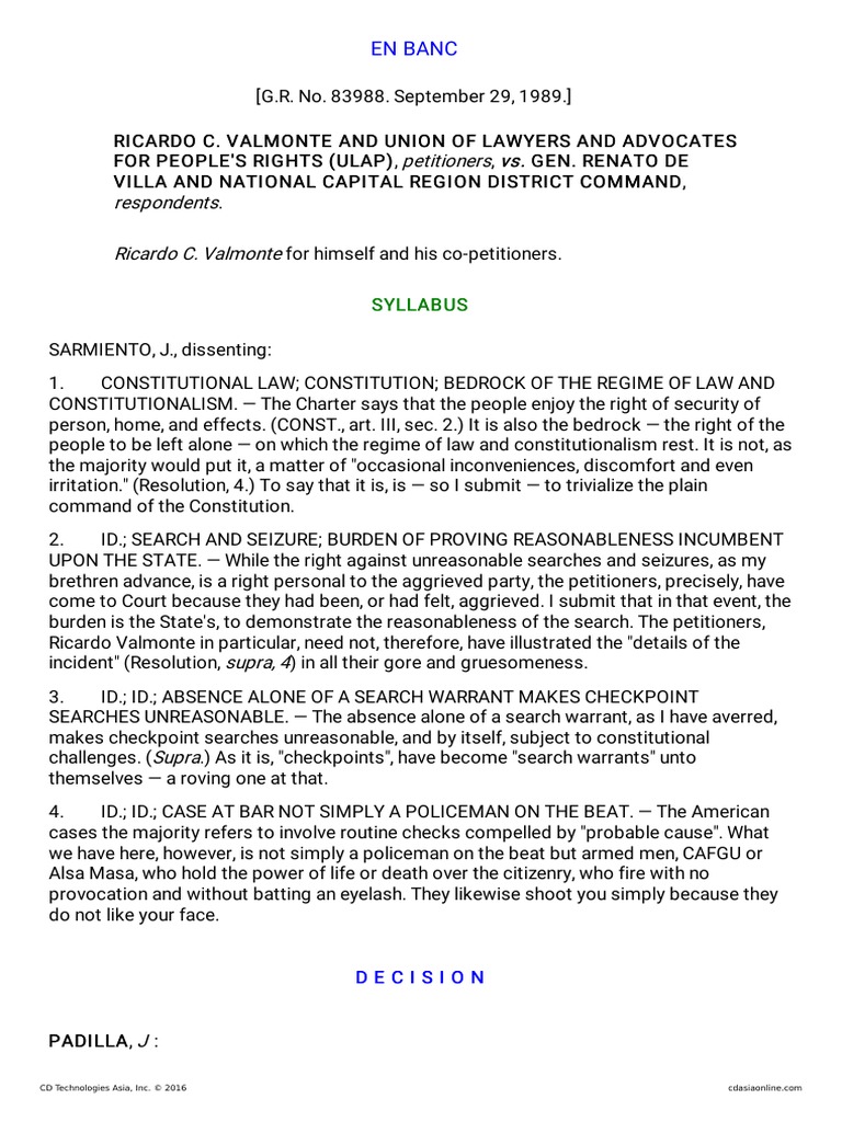 Petitioners vs. vs. Respondents Ricardo C. Valmonte: en Banc | PDF | Search And Seizure | Fourth ...
