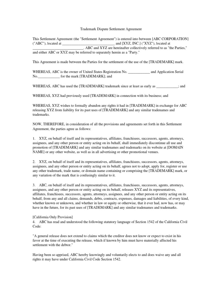 Trademark Dispute Settlement Agreement | Trademark | Settlement ...