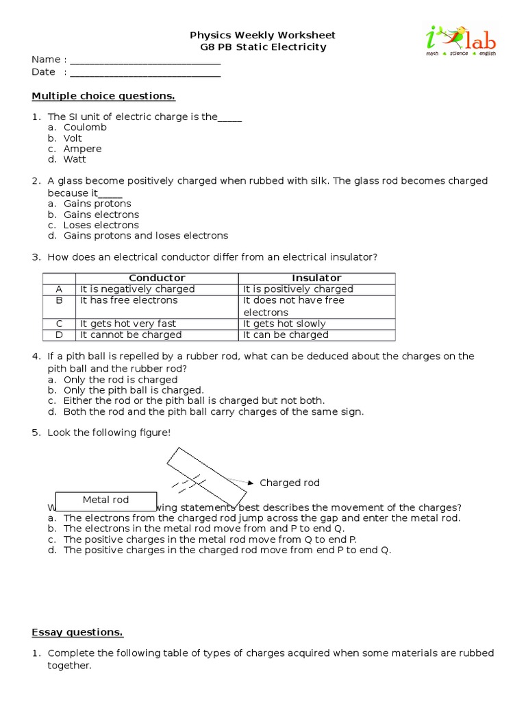 Physics Weekly Worksheet G8 PB Static Electricity | PDF | Electric ...